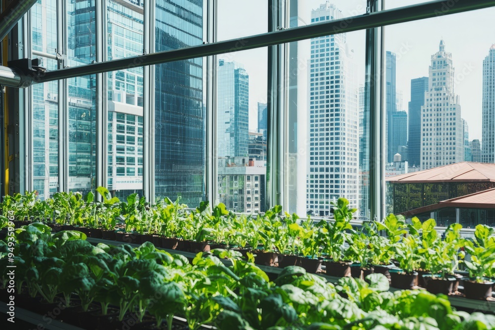 Urban vertical farm inside a glass building with rows of plants. The ...