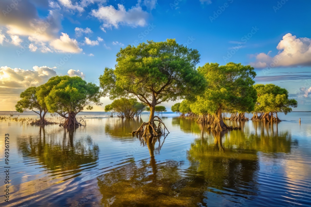 Coastal wetlands with mangroves and salt marshes inundated with ...