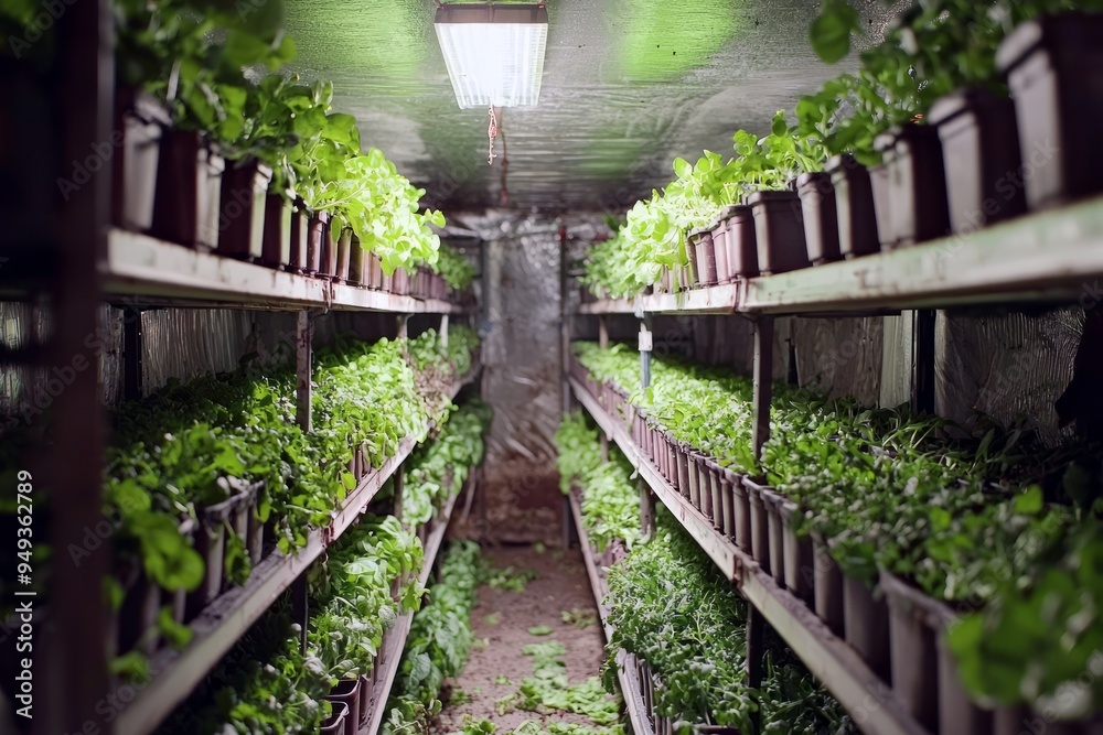 Vertical farm inside a repurposed warehouse, filled with rows of fresh ...