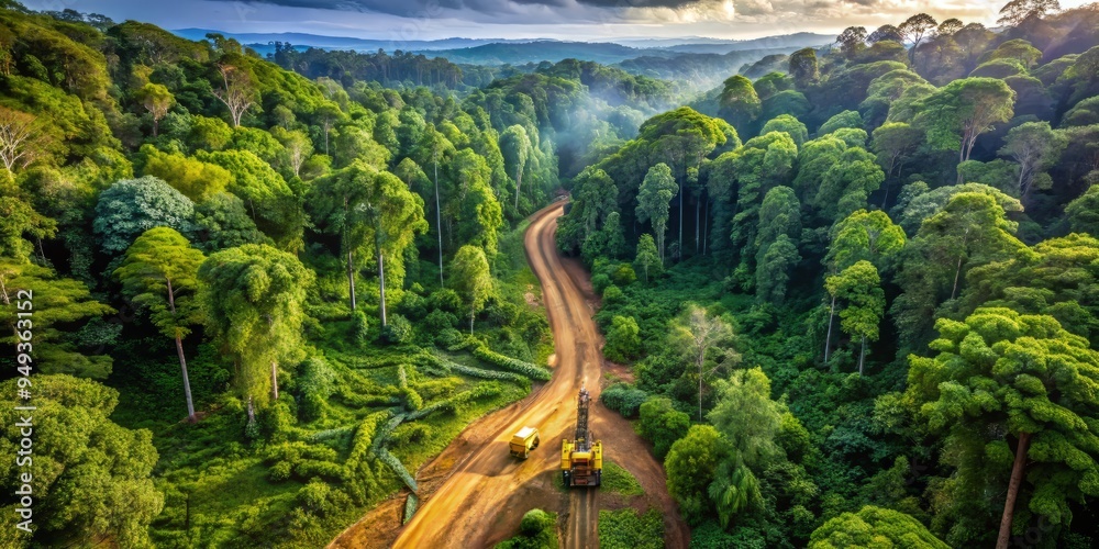 Lush canopy of an ancient forest, with a faint trail of logging roads ...