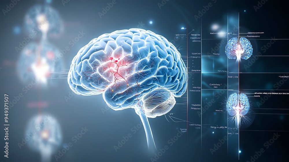 3D illustration of human brain with highlighted parts, representing its ...