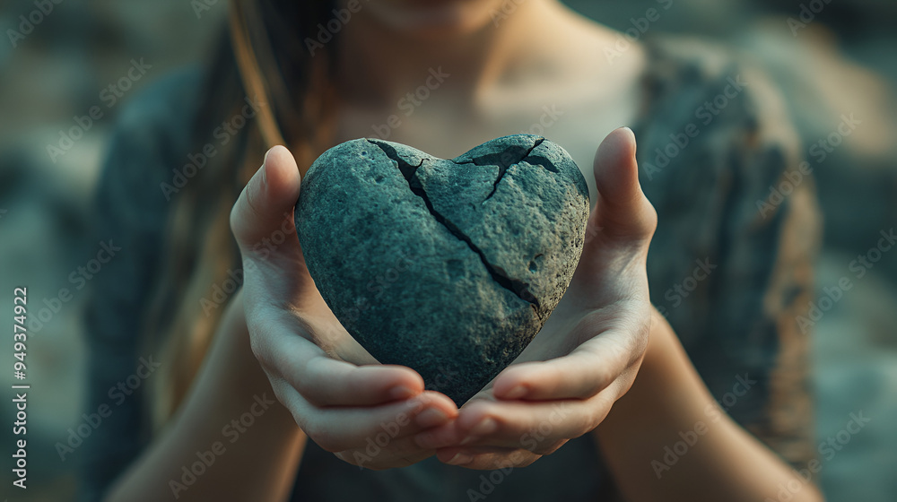 una mujer sosteniendo un corazon de piedra roto y unido por la fe y ...