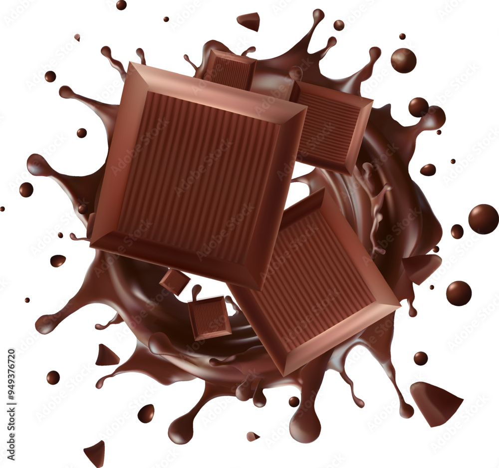 Dark chocolate bar chocolate Splashing with chocolate background and ...