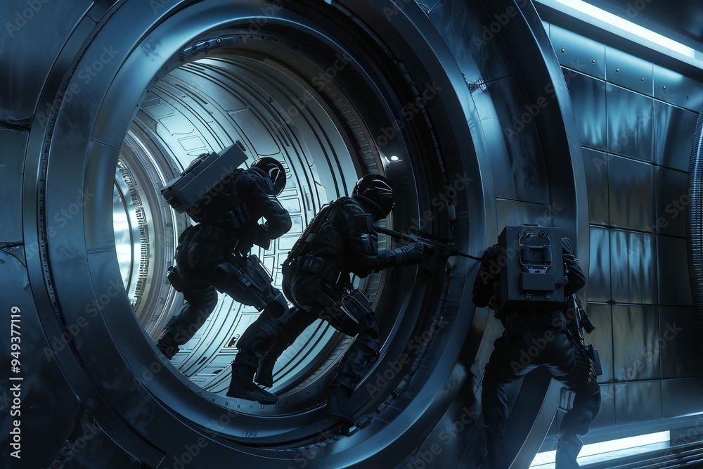 Dynamic 3D render of a futuristic heist with characters in high-tech ...