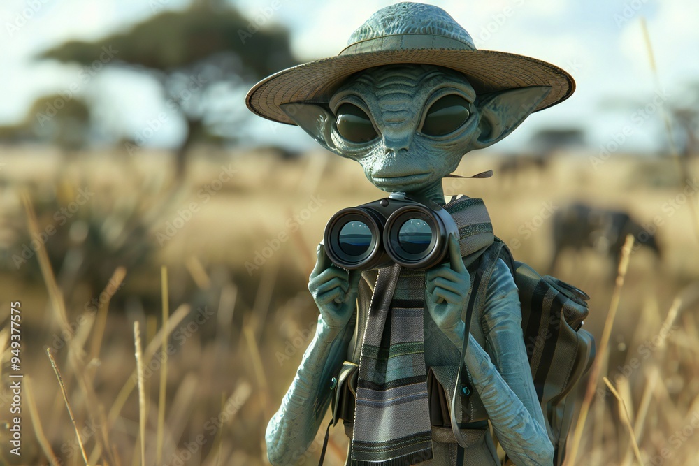 Cute stereo-typical grey alien wearing safari clothing, holding ...