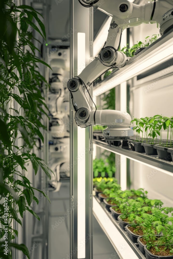 Vertical farming system with automated robots tending the plants. The ...