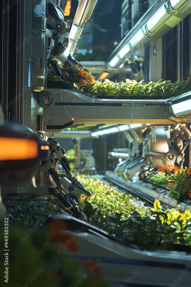 Vertical farming system with automated robots tending the plants. The ...