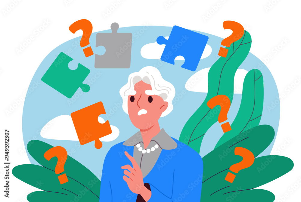Woman with memory problems. Grandmother with question signs. Dementia ...