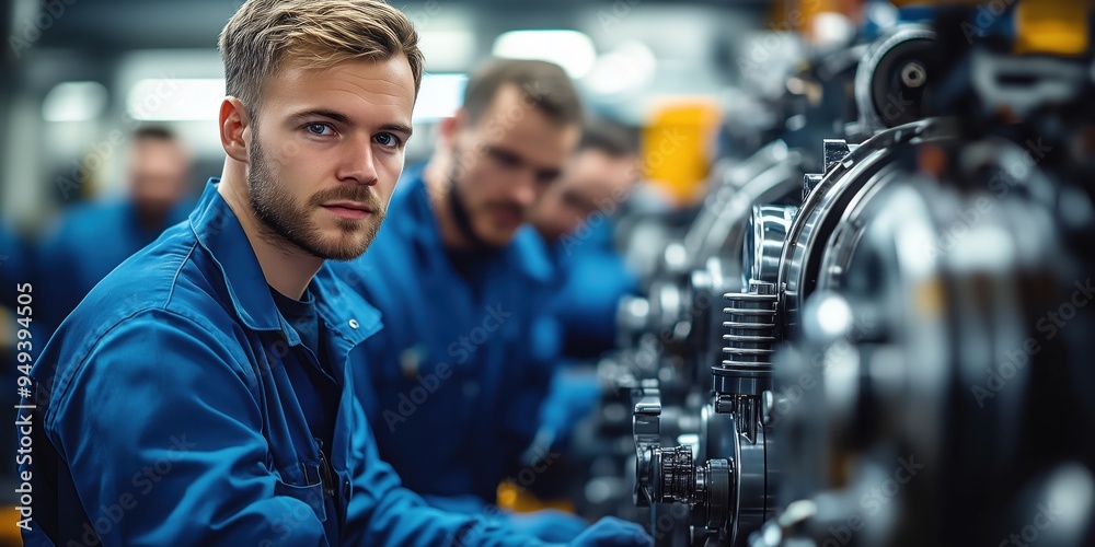 Young Engineer Working on Engine Assembly Line. Young engineer in a ...