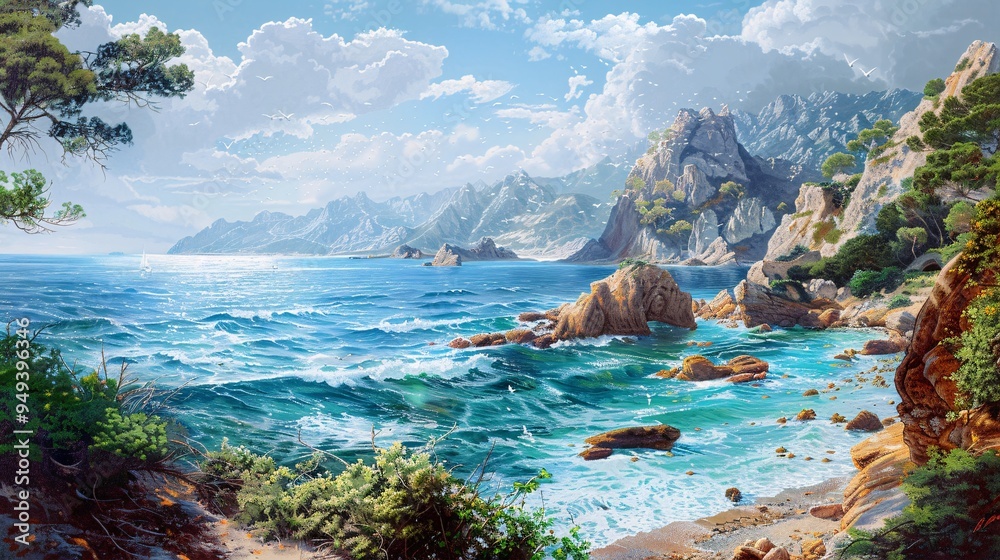 07231249 303. Coastal landscape featuring rocky cliffs, sandy beaches ...