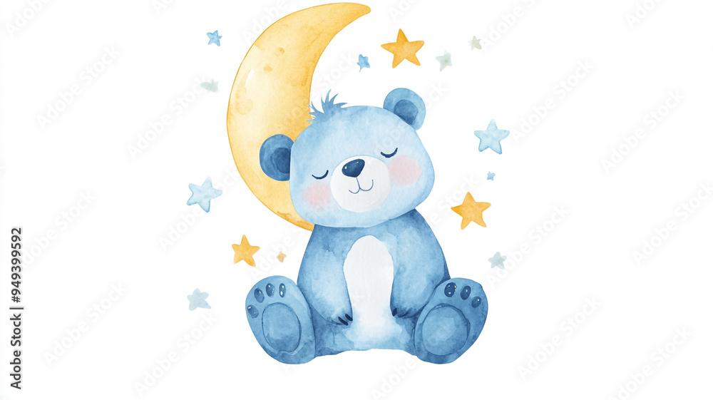Cute blue bear character resting under a crescent moon with stars ...