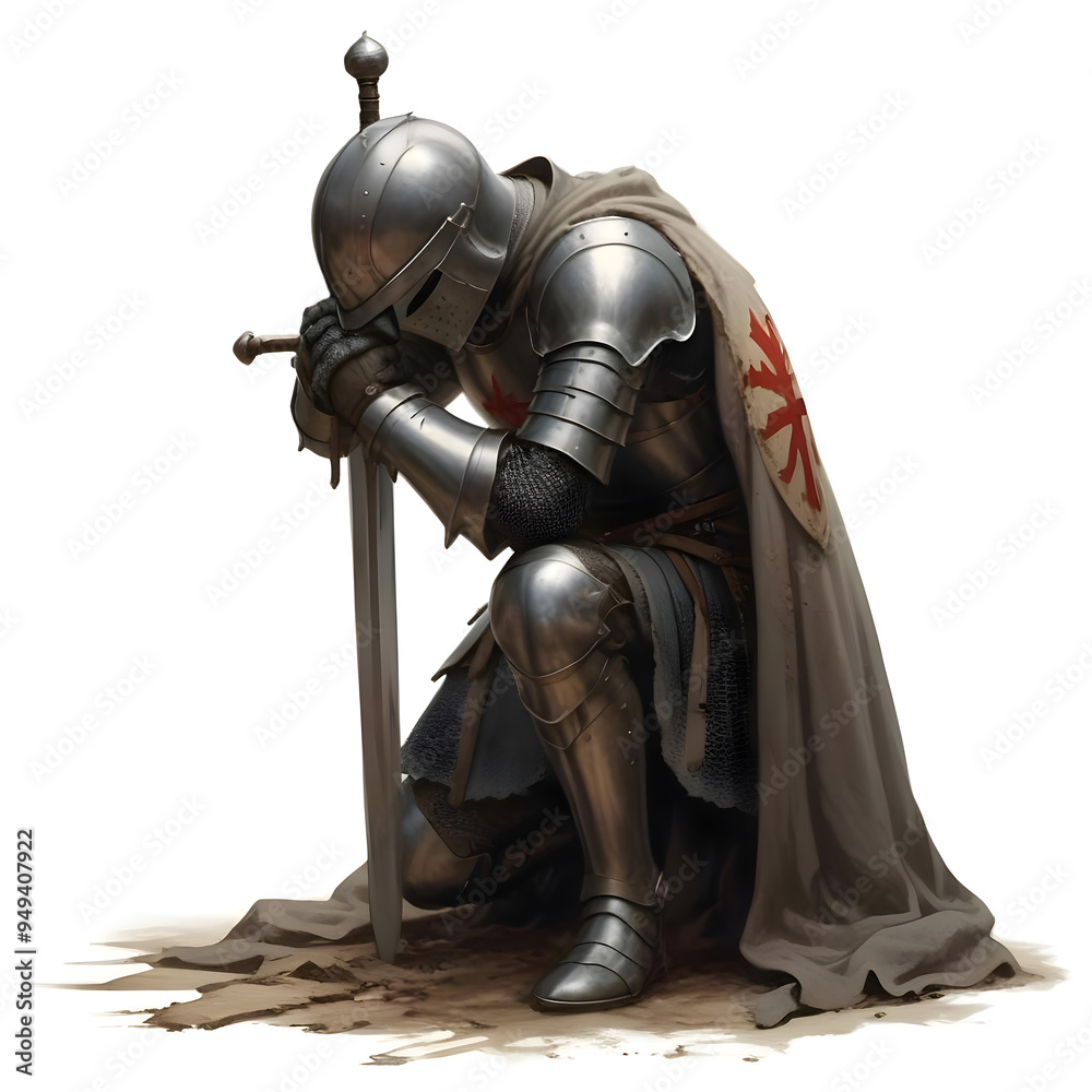 Digital painting of medieval knight in full armor kneels on the ground ...