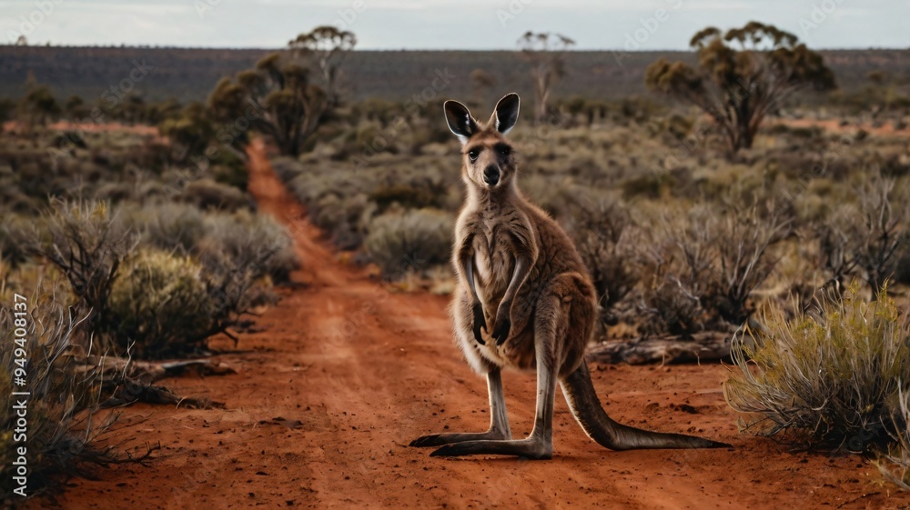A kangaroo moves gracefully alongside her joey, exploring a red dirt ...