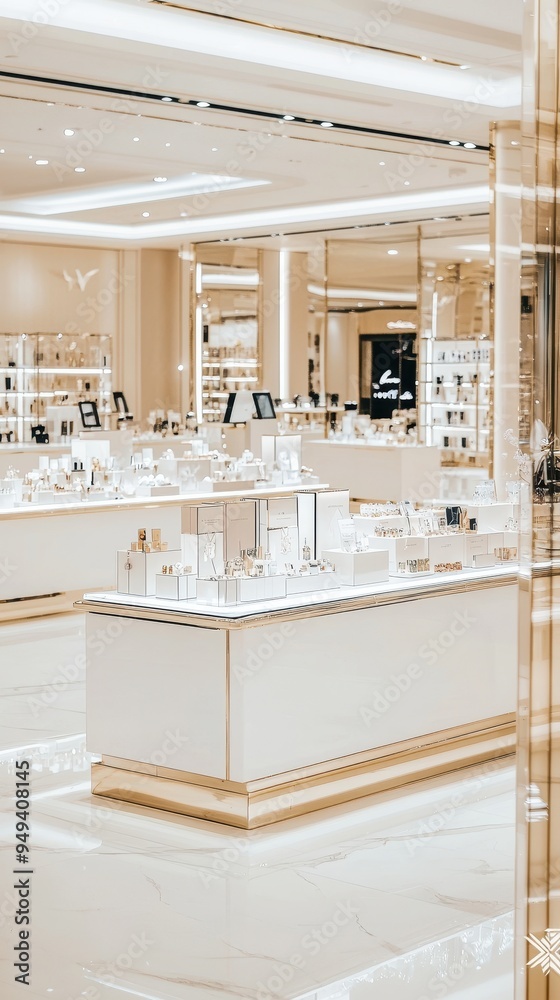Luxury Retail Display with Gold Accents and White Marble Flooring Stock ...