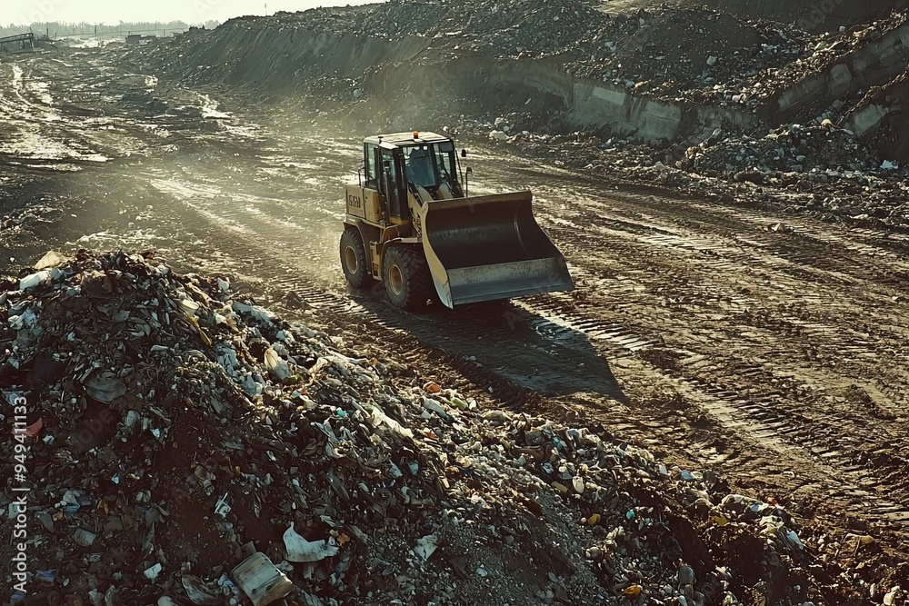 A track loader moves large piles of waste at a landfill, its bucket ...