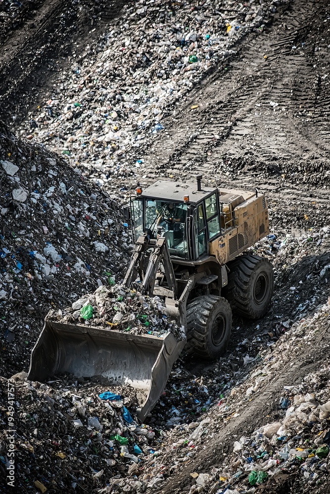 A track loader moves large piles of waste at a landfill, its bucket ...