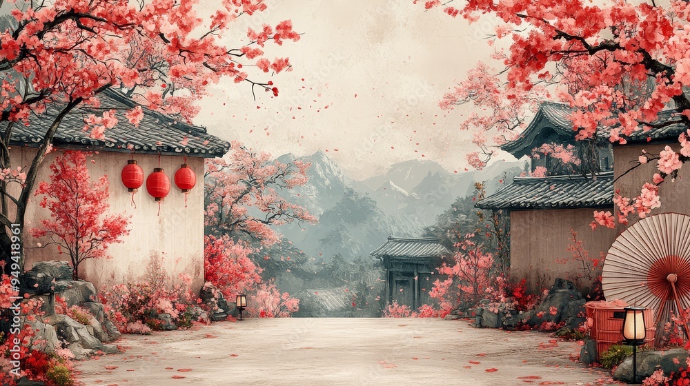 Hanami style wallpaper light pink background with 221 house, building ...