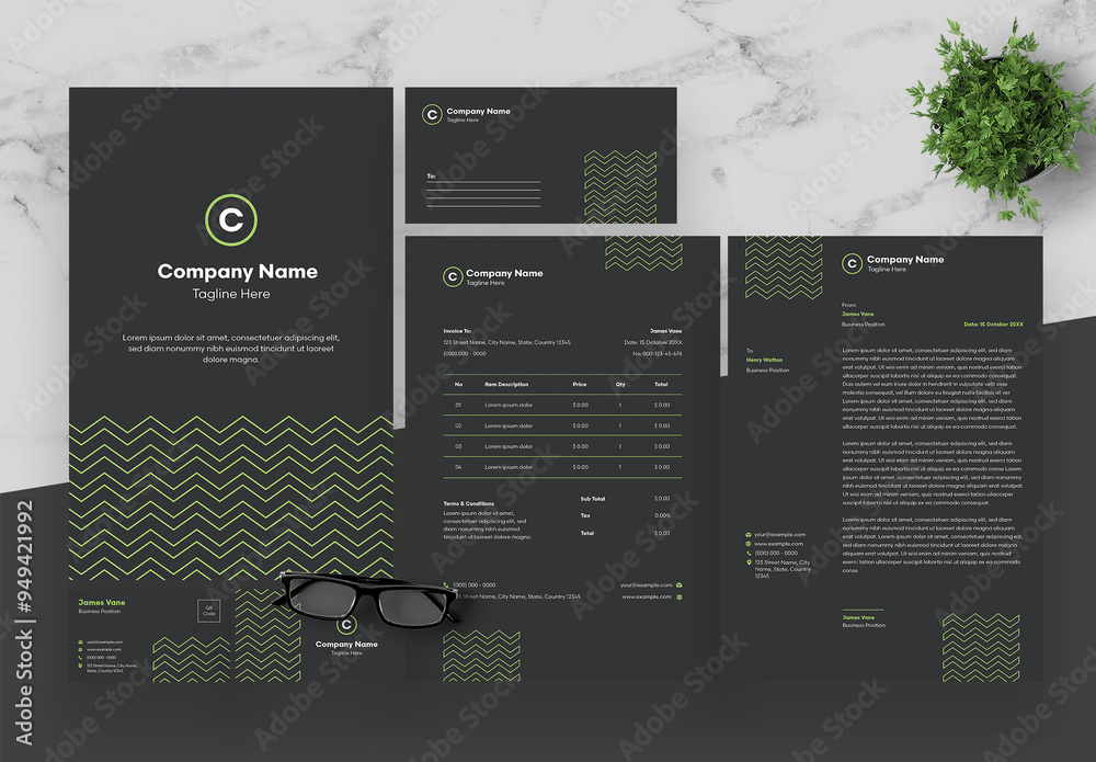 Dark Gray And Green Stationery Set Stock Template | Adobe Stock