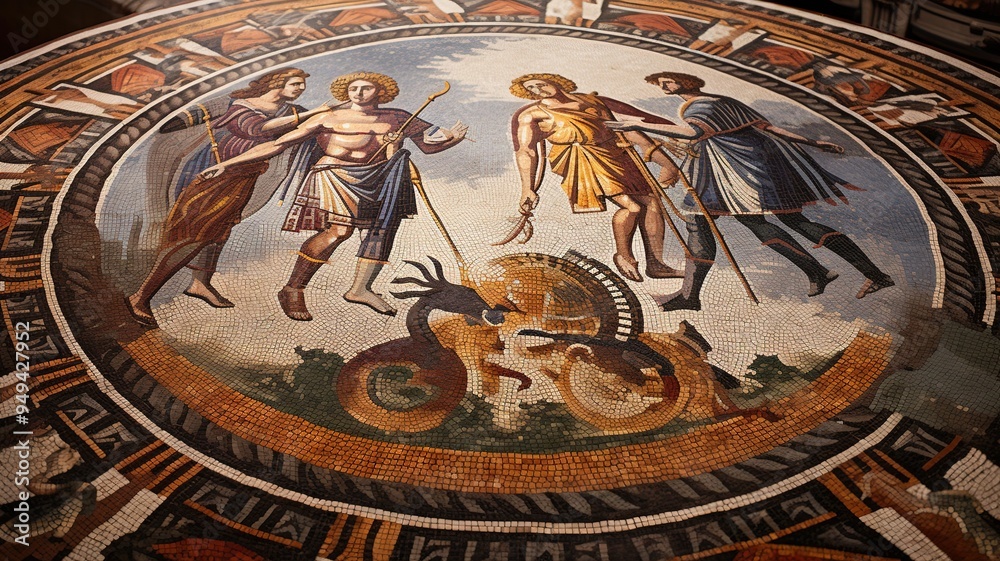 An intricately detailed mosaic floor depicting a Greek mythological ...