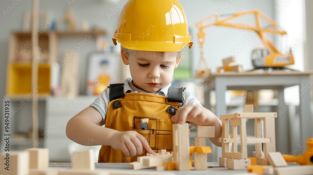 Young boy in construction worker outfit building wooden block structure ...
