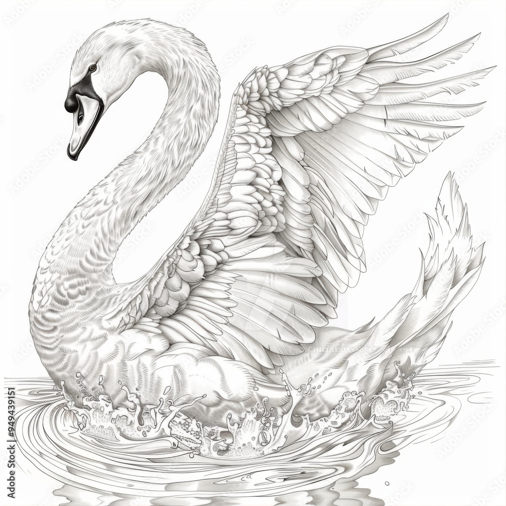 Black and white detailed sketch of an elegant swan with wings spread on ...