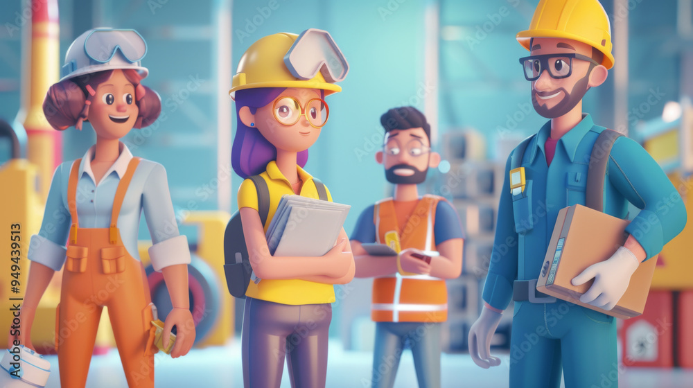 Group of animated industrial workers wearing safety gear and helmets ...