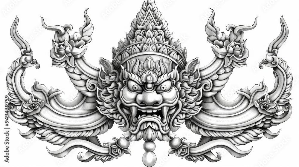 Detailed monochrome illustration of a Garuda, a mythological creature ...