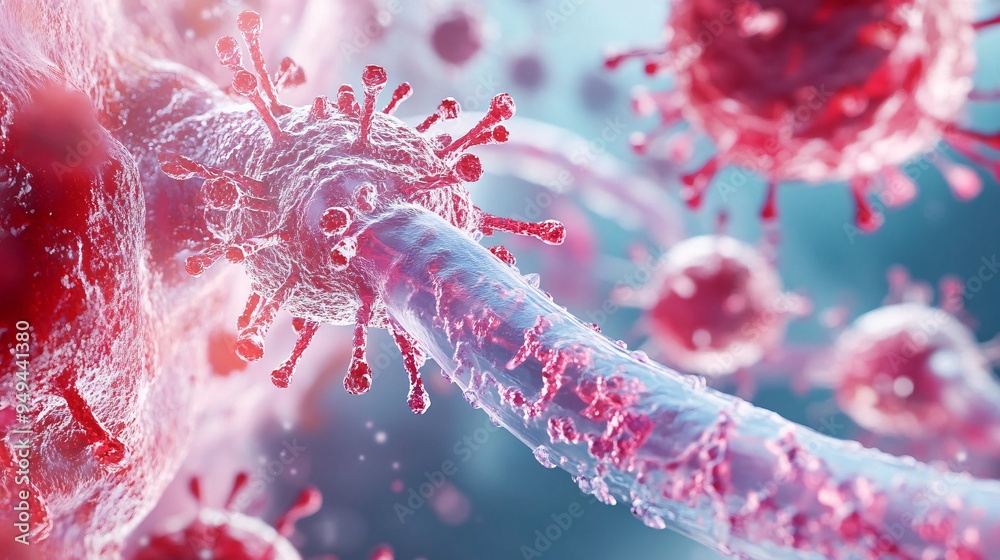 High-resolution microscopy image of a viral infection progressing ...