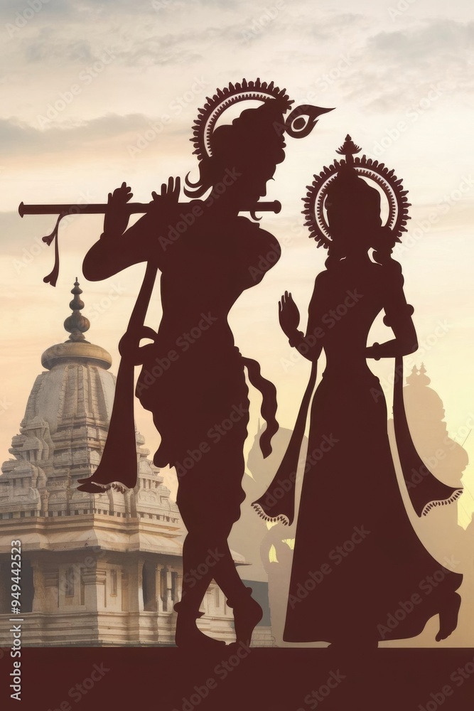 A silhouette of Lord Krishna and Radha Rani. Lord Krishna is playing a ...