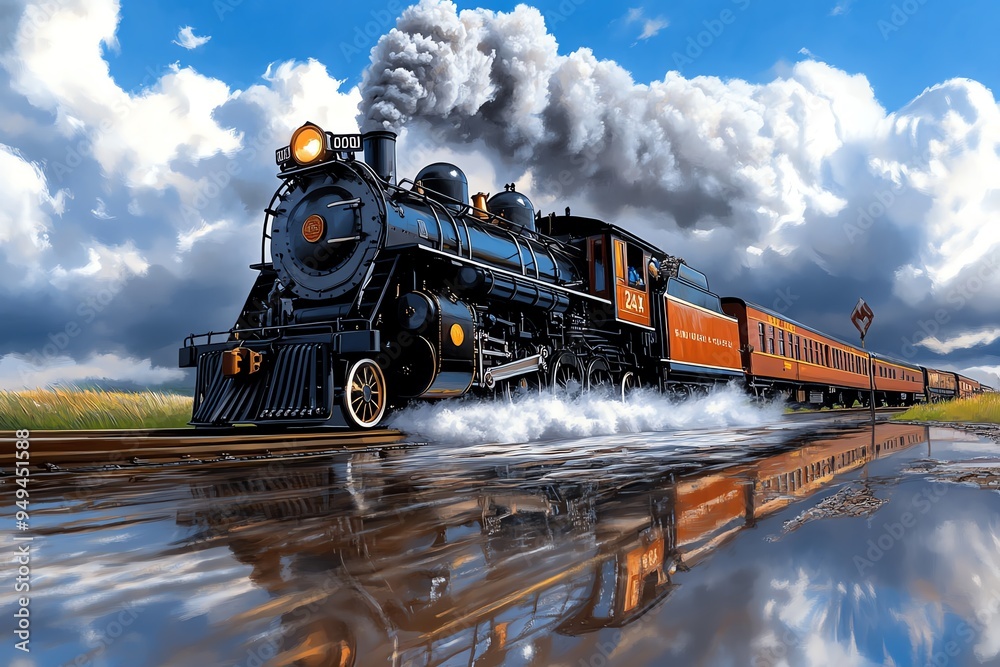 Steam train passing through a rural crossing, depicted in an artwork ...