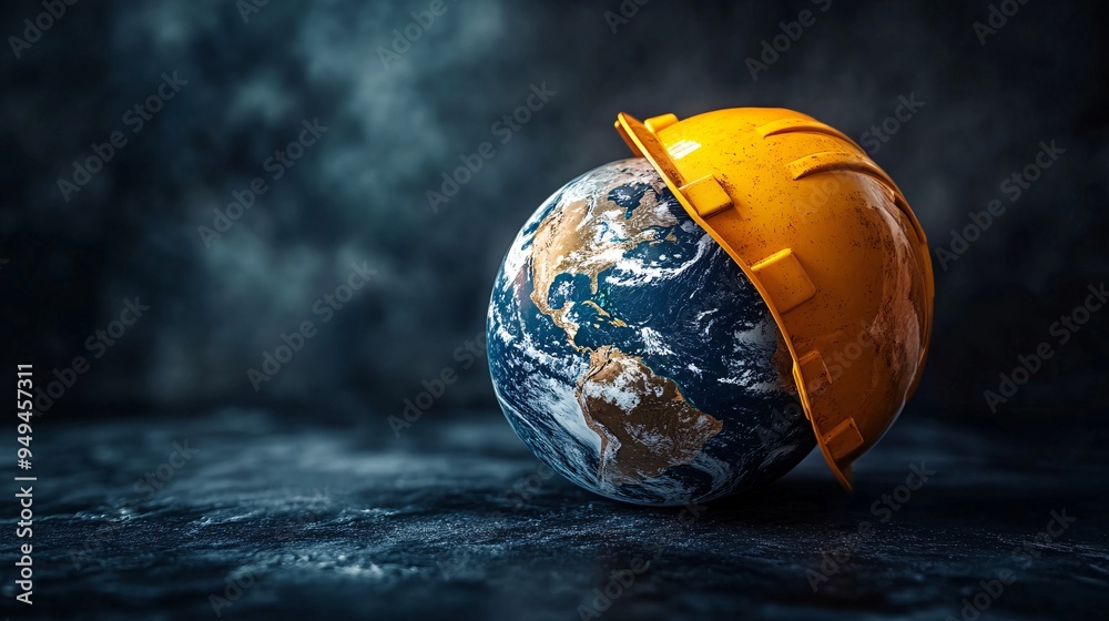 Planet Earth and a safety helmet symbolizing workplace safety and ...