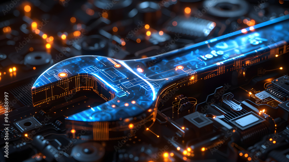 blue digital wrench spanner with glowing binary code, AI in maintenance management systems ...