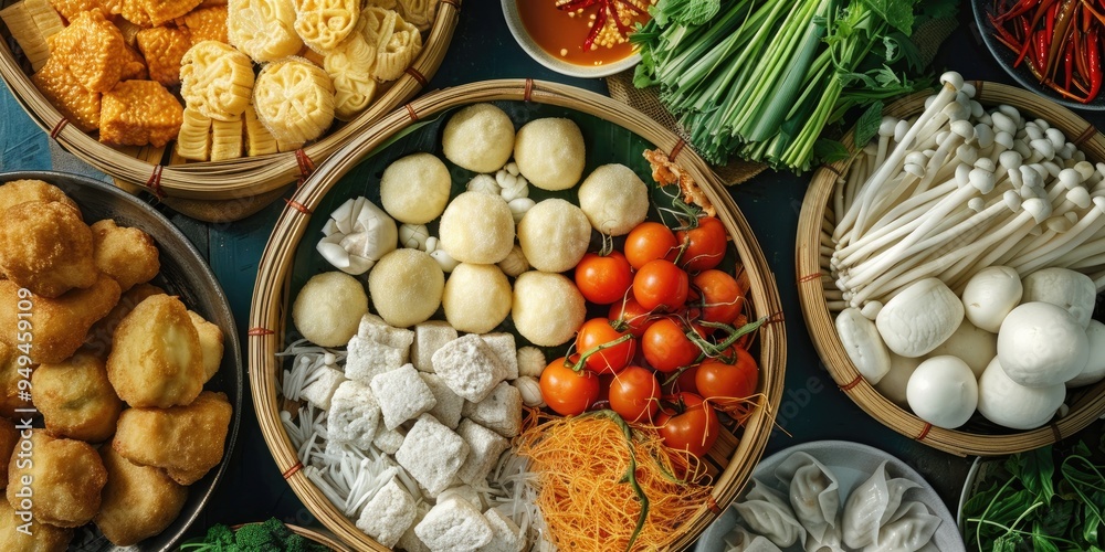Variety of steamboat components such as seafood balls, tofu, squid ...