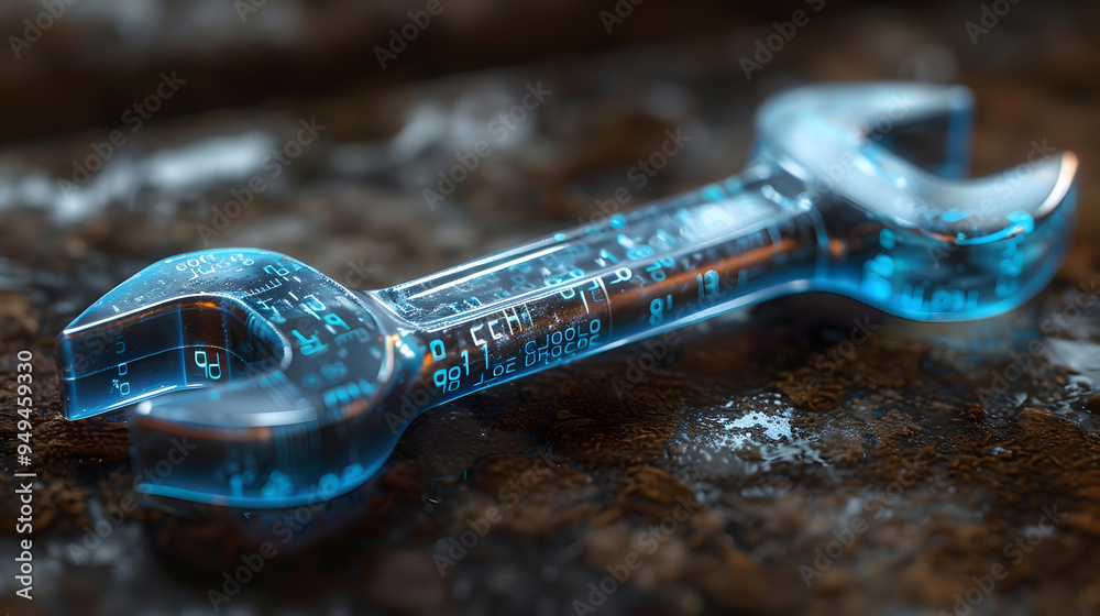 blue digital wrench spanner with glowing binary code, AI in maintenance management systems ...