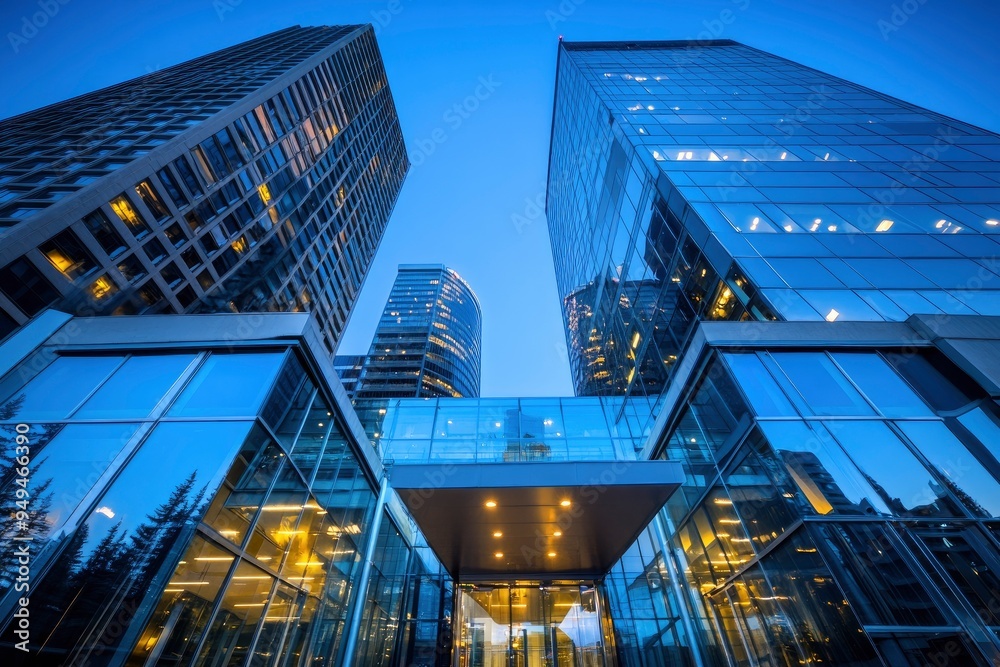 From below of entrance of office building next to contemporary high ...