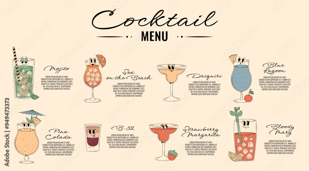Retro groovy characters summer cocktails. Menu with cute alcohol ...