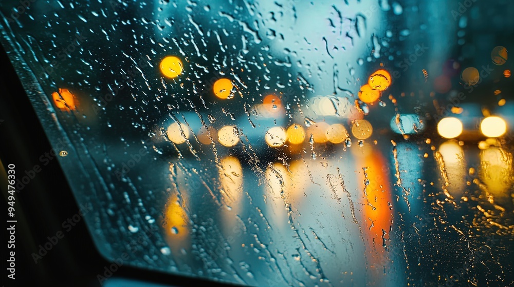 Urban Rain: Captivating Car Window Scene with Cascading Droplets and ...