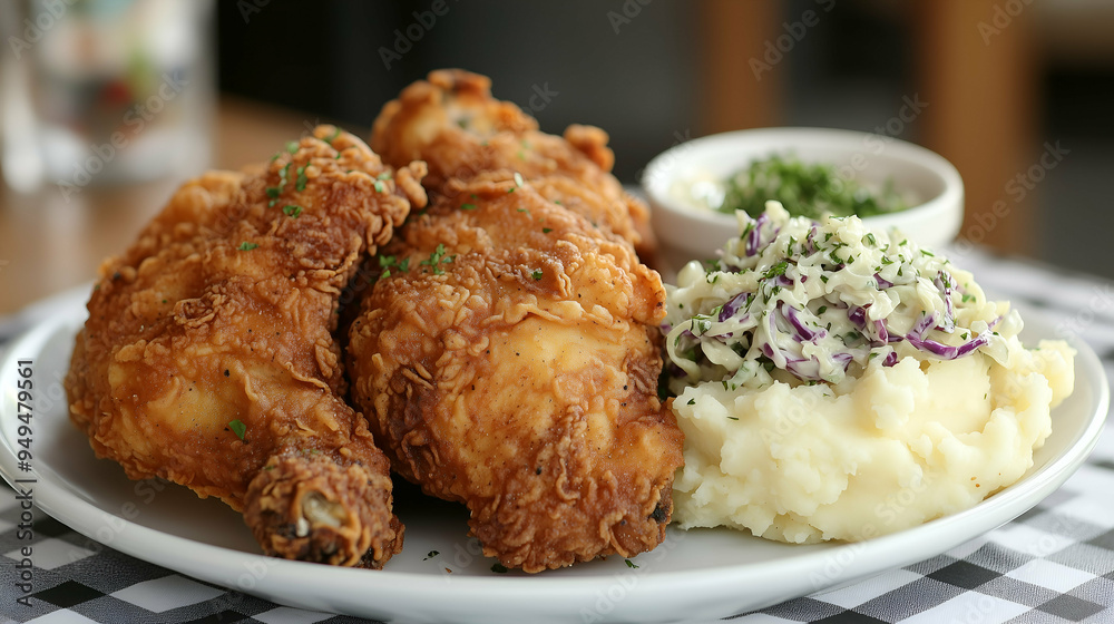 Crispy Fried Chicken with Mashed Potatoes and Creamy Coleslaw - A plate ...