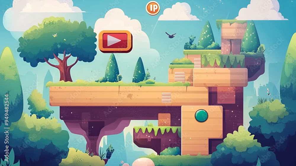 Pixel art game background with button level up. Game design concept in ...