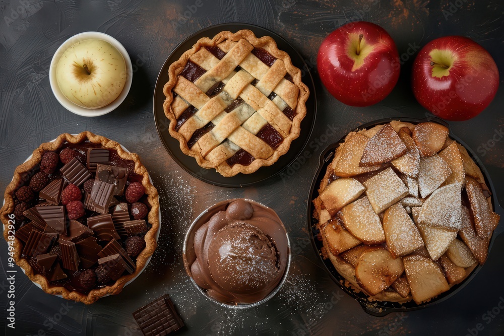 Creative flat lay template of a Western dessert assortment with apple ...