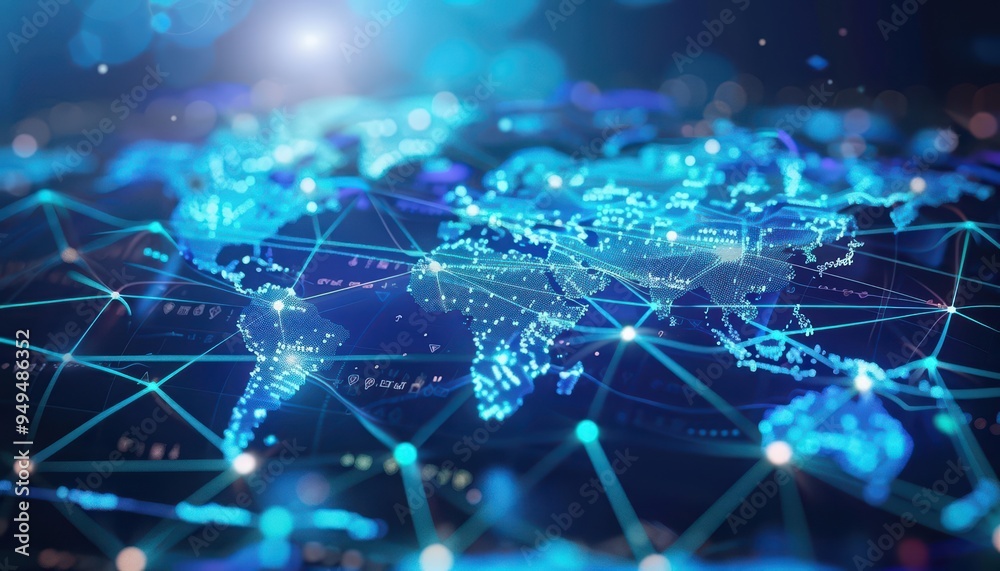 In a hightech interface, a world map reveals a web of connections, representing the extensive ...