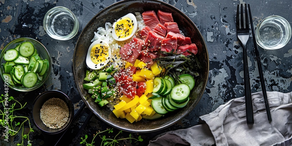 Components for a tasty rice bowl featuring tender beef slices, yellow ...