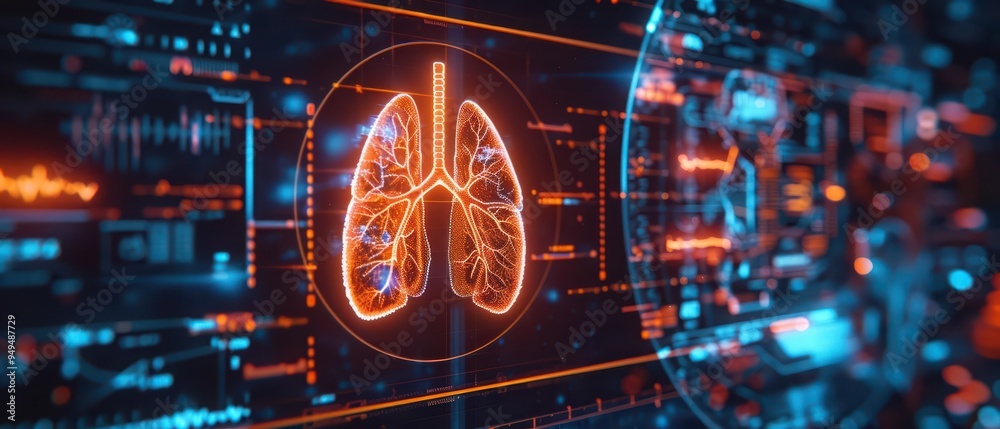 Pulmonology focus featuring illuminated HUD icon of lungs Hightech ...