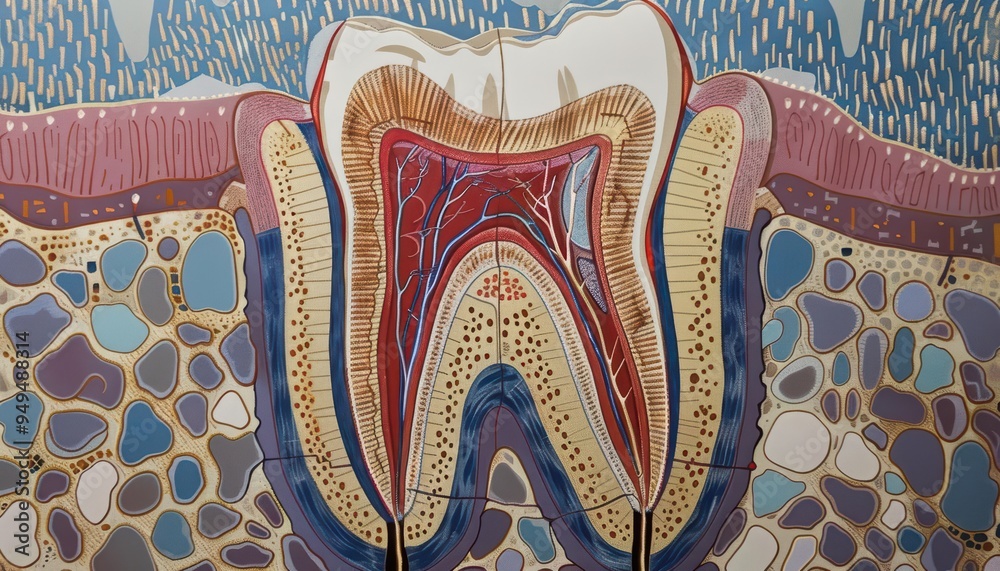 The anatomy of a tooth is meticulously depicted in a cross section ...