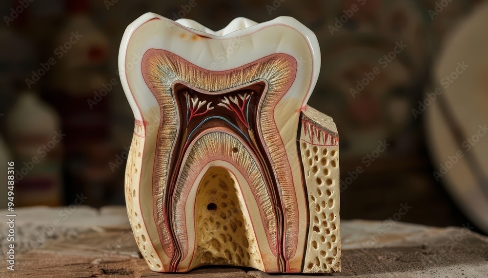 The anatomy of a tooth is meticulously depicted in a cross section ...