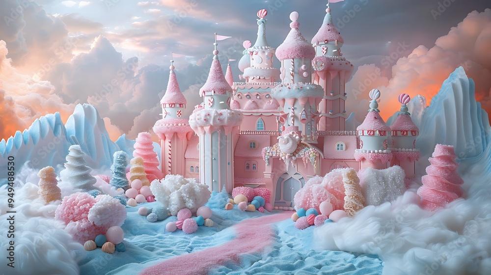 A magical papercraft candyland castle with candy cane pillars and ...