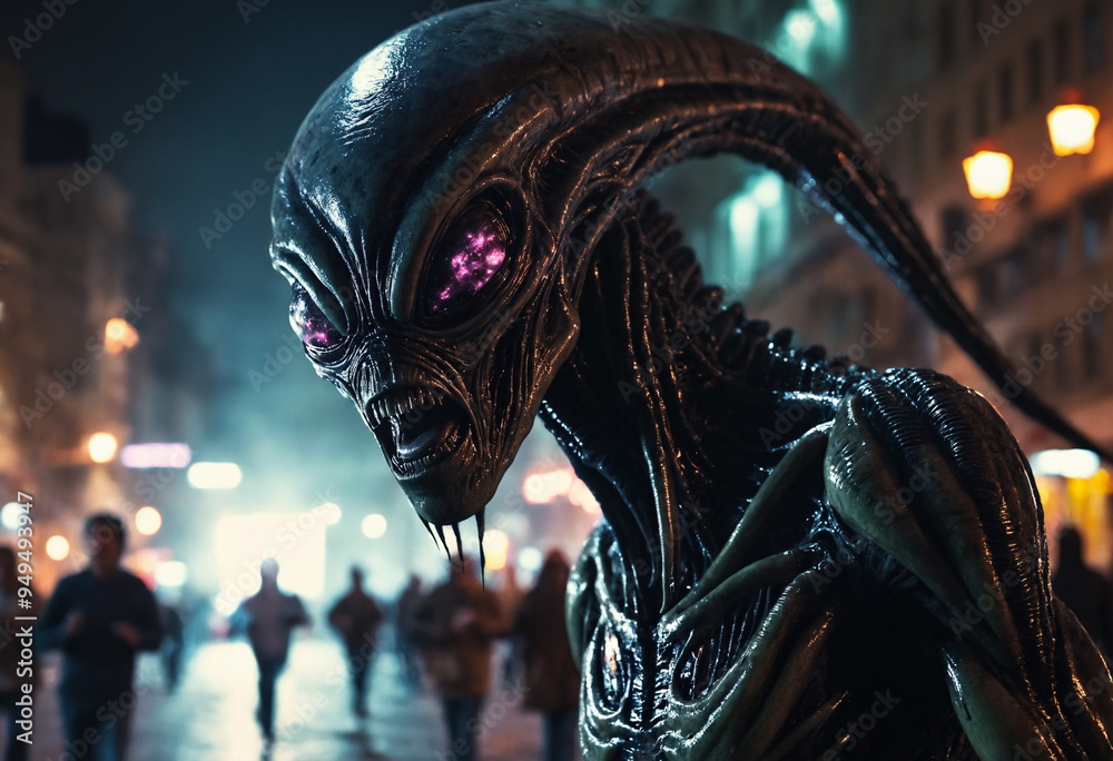 Alien screeches in a city, invasion, first contact, angry alien monster ...