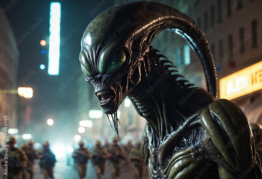 Alien screeches in a city, invasion, first contact, angry alien monster ...