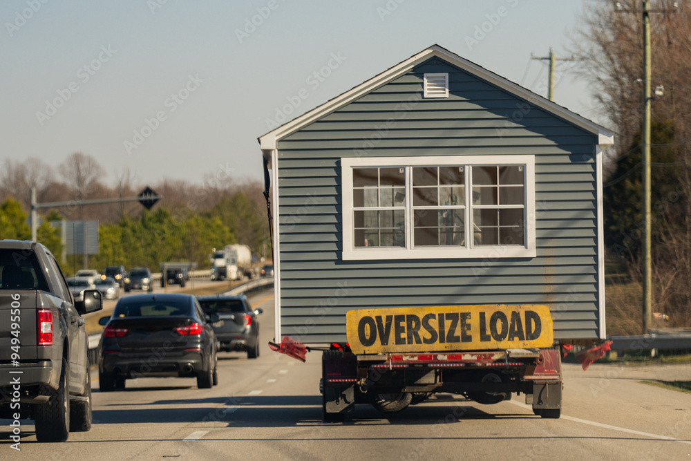 Oversize load home. Manufactured house transported on the highway ...