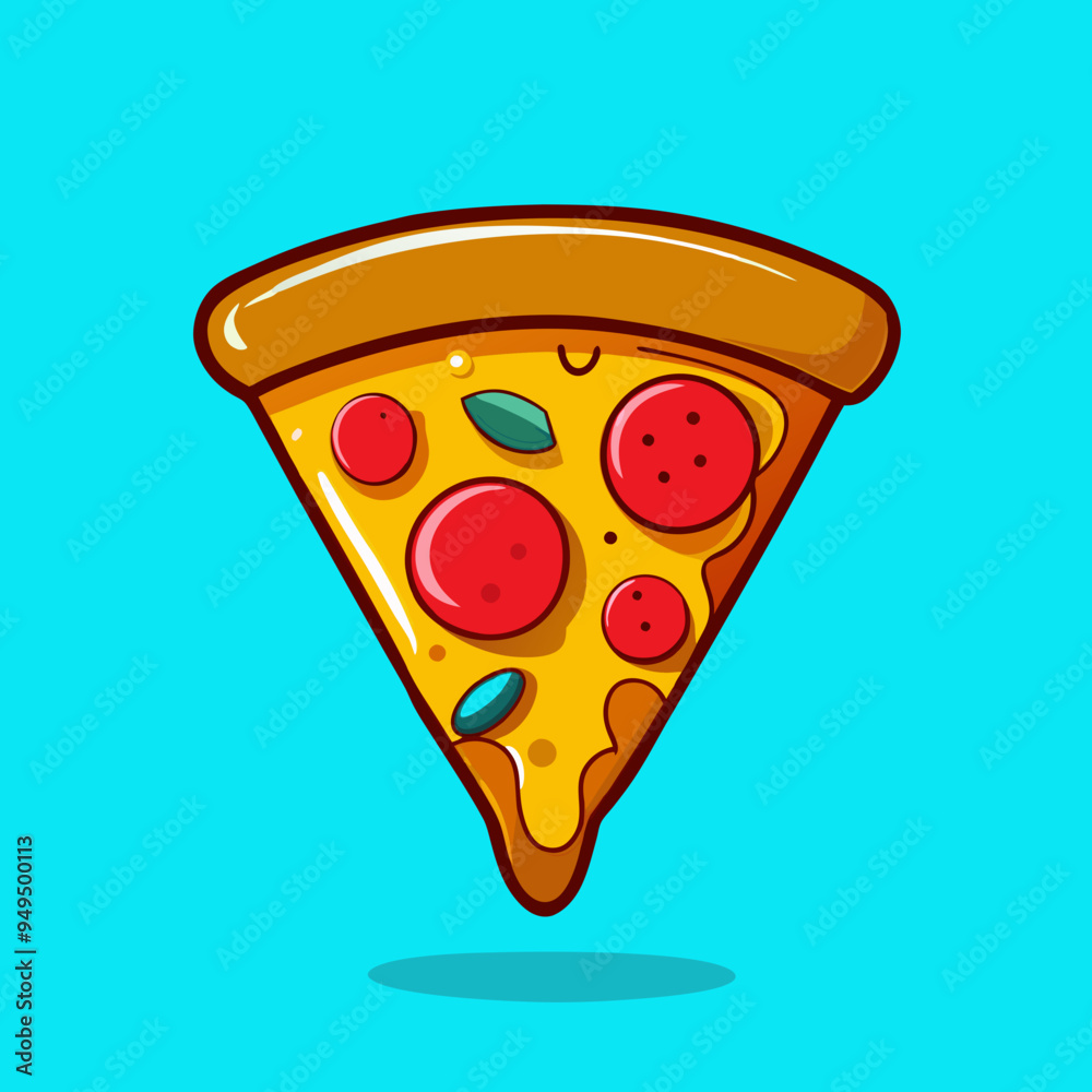 Cartoon pizza slice with toppings and dripping cheese against blue ...
